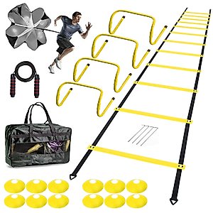 ENDIESS Agility Ladder Speed Agility Training Equipment,1 Agility Ladder 20ft,4 Hurdles,Training Soccer Cones,Jump Rope,Running Parachute, Agility Training Equipment for Kids Youth Adul (Yellow)