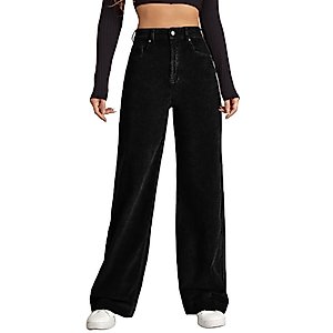 Floerns Women's Hight Waist Corduroy Velvet Slant Pocket Wide Leg Pants Black L