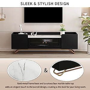WADRI TV Stand with Fluted Glass, Faux Marble Top Console Table with Gold Frame Base for Living Room, Contemporary Entertainment Center for Television Up to 65" (Black + Particle Board-035)