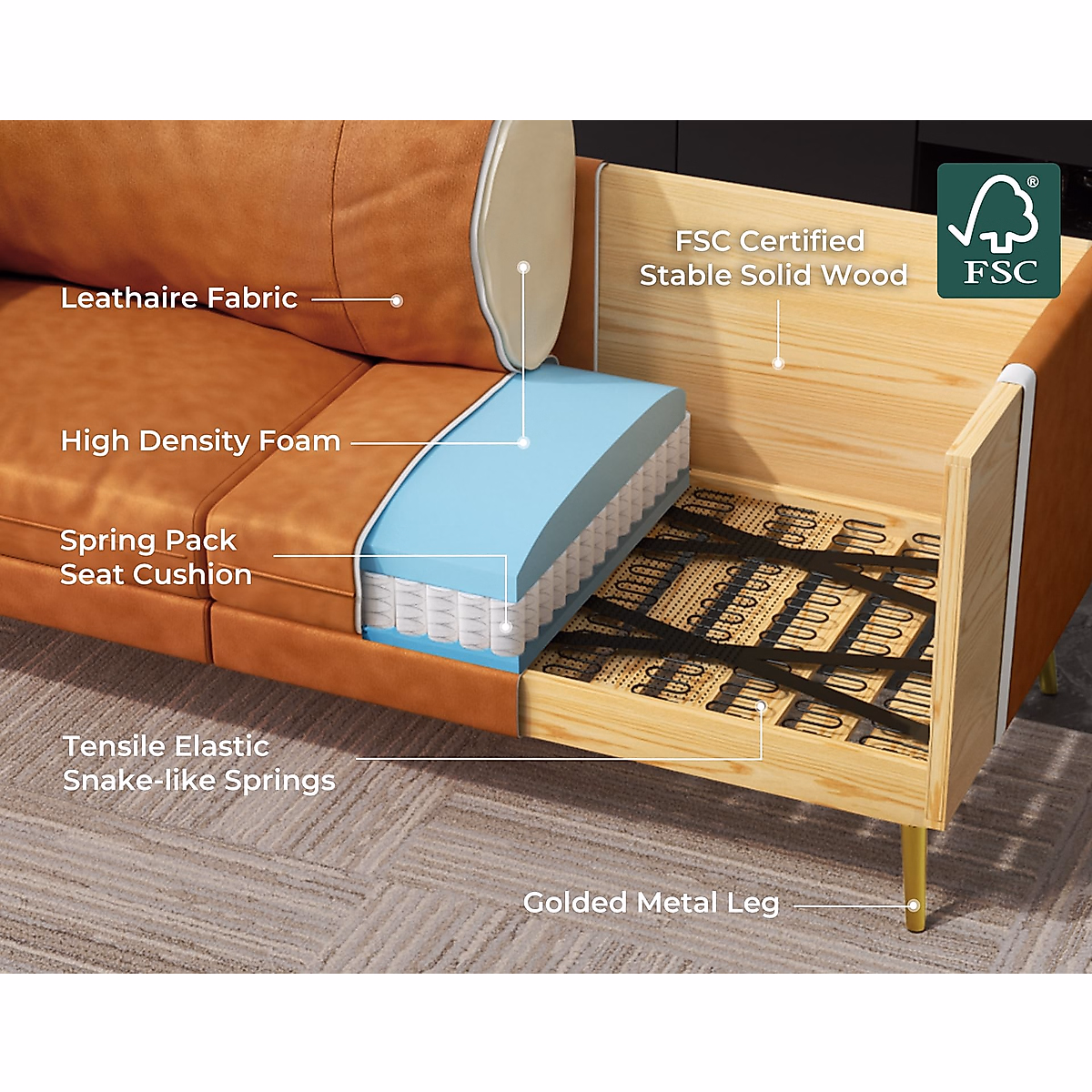 Vesgantti Leathaire Couch Loveseat Sofa, 73" Mid-Century Modern Couch with Deep Seat Comfort Cushions, Small Sofa Couches for Living Room, Bedroom, Office, Apartment, Tool-Free Assembly, Orange