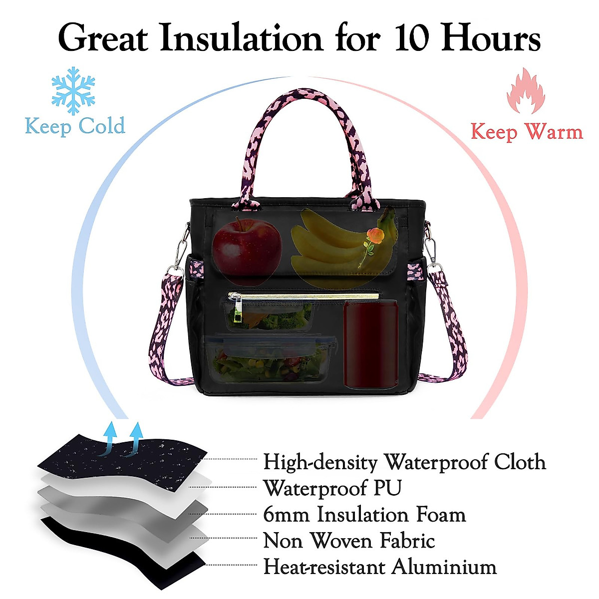 HSHPX Insulated Lunch Bag Lunch Box for Women: Cute Lunchbox Purse for Work Office Picnic Beach - Stylish Leakproof Cooler Bag for Women - Black 8L