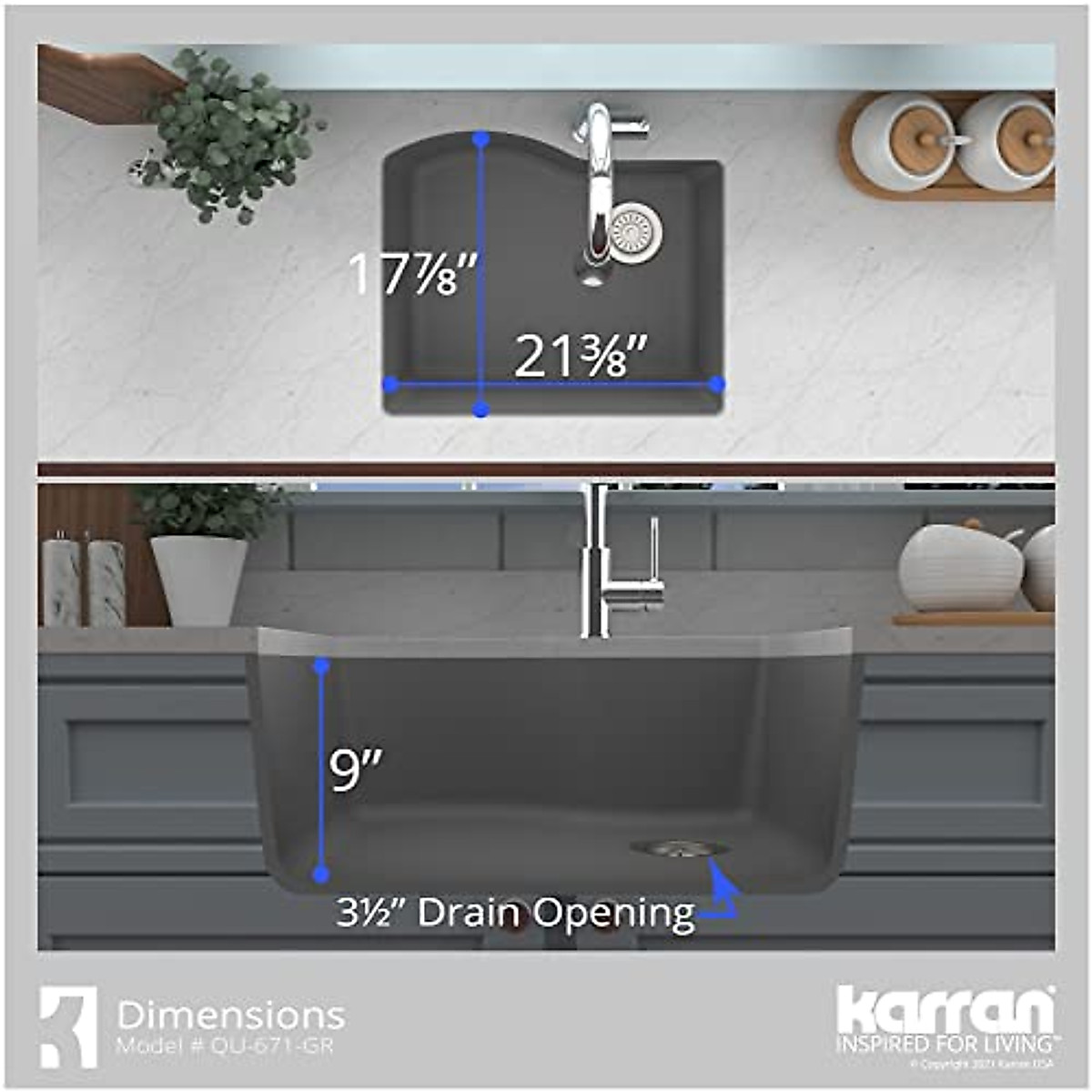 Karran QU-671 Undermount Quartz Composite 24 in. Single Bowl Kitchen Sink in Black