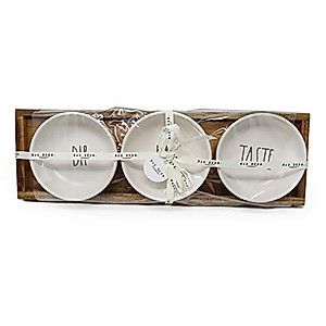 Rae Dunn By Magenta 4 Piece DIP EAT TASTE Ceramic LL Dip Bowl Serving Platter Set With Wood Tray 2019 Limited Edition