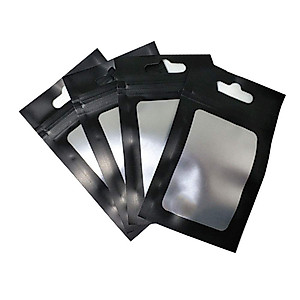 PABCK 100 Pack Resealable Matte Black Zipper Lock Window Bags with Euro Hang Hole for Zip Food Storage Lock Pouches Plastic Foil Packet 10.5x15 cm (4.1x5.9 inch)