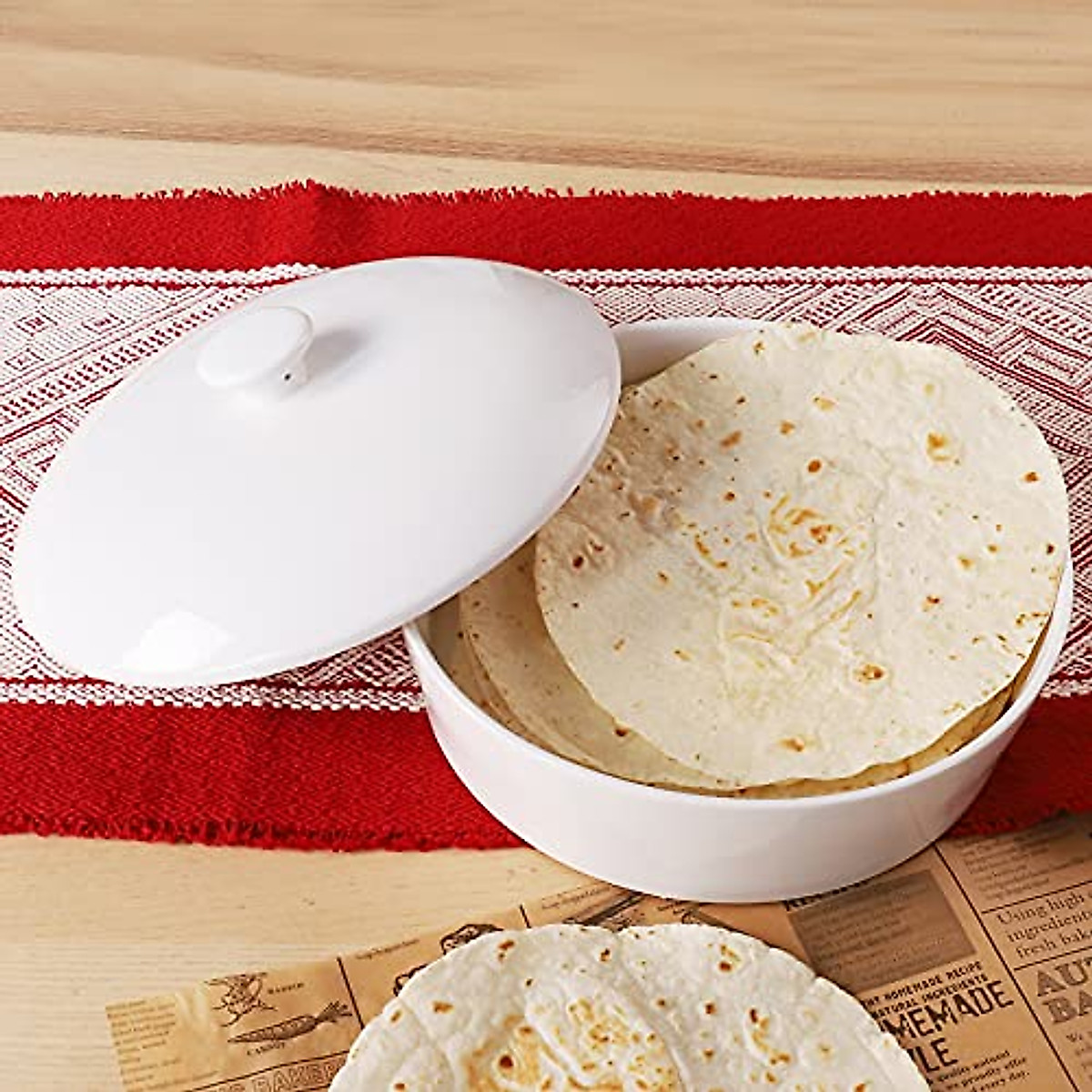 Sweese 740.101 Porcelain Tortilla Warmer, Hold up to 12 Tortillas, Ceramic Tortilla Server, Tortilla Holder with Lid for Taco Tuesday Night, Mexican Fiesta Party - Microwave & Oven Safe, White