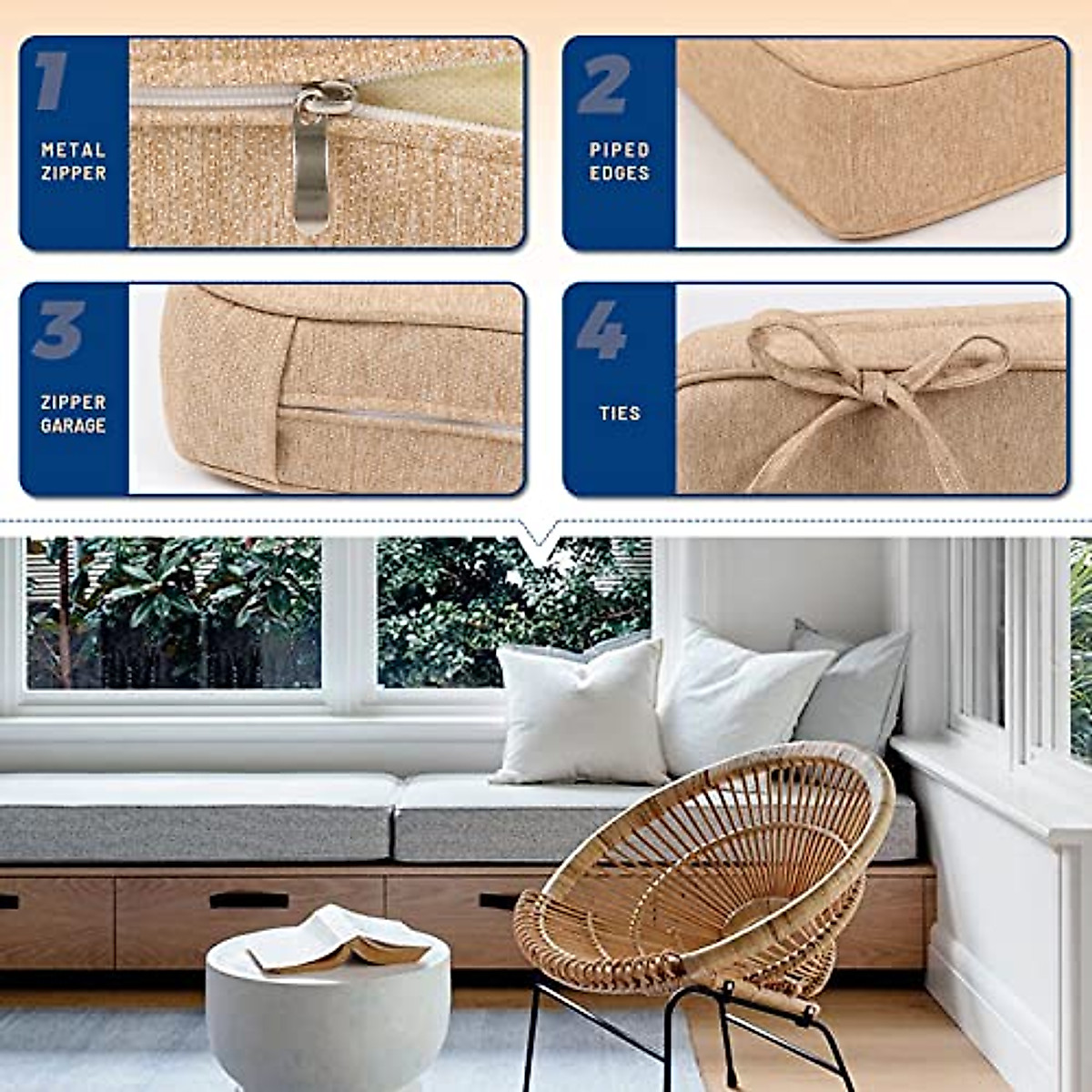 sutailocus Bench Cushion Double Piping Indoor/Outdoor Bench Cushion Bench Cushions for Indoor Furniture, Indoor Window/Piano/Porch Swing Cushion with Adjustable Ties (36x14x3, Khaki)