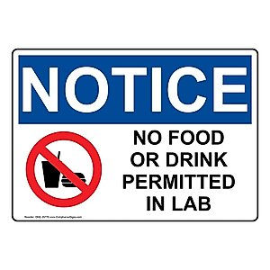 ComplianceSigns.com Notice No Food Or Drink Permitted In Lab OSHA Safety Sign, 10x7 inch Plastic for Facilities