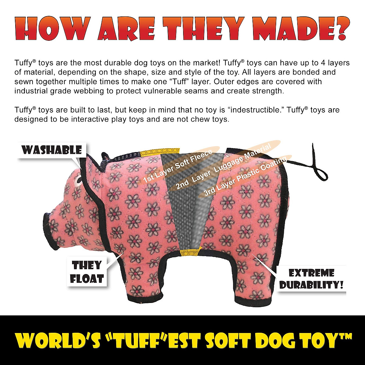 TUFFY - World's Tuffest Soft Dog Toy - Desert Bat - Squeakers - Multiple Layers. Made Durable, Strong & Tough. Interactive Play (Tug, Toss & Fetch). Machine Washable & Floats. (2 Pack)