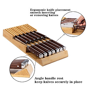 Bamboo Kitchen Drawer Knife Block, In drawer Knife Holder, Knife Drawer Organizer fit for 13 knives