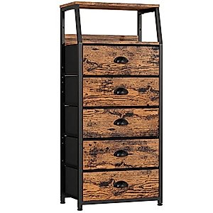 Furnulem Tall 5 Drawers Dresser, Vertical Storage Tower Fabric Dresser for Bedroom, Hallway, Entryway, Nursery, Closet Organizer, Nightstand Bedside Table Furniture, Sturdy Steel Frame, Wood Top