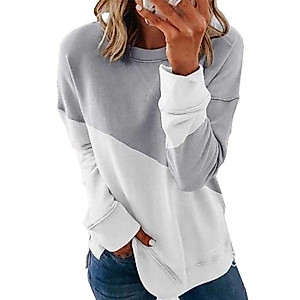 Bunanphy Womens Pullover Crew Neck Color Block Long Sleeve Side Split Casual Sweatshirt Tops Shirts Grey#C Medium