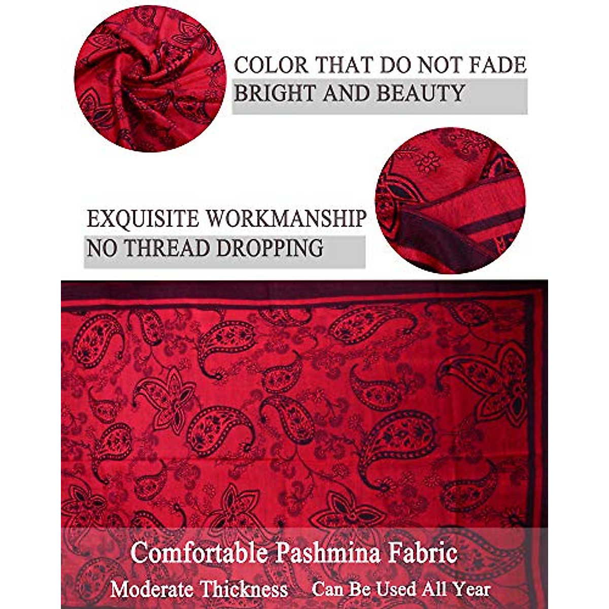 Iristide Women's Pashmina Shawl Paisley Pattern Scarf Tassels Wrap Colorful Ethnic (2005-Red &Black)