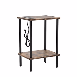 Fixwal 2-Tier Nightstand with Charging Station, End Table Set of 2, Side Table with USB Ports and Power Outlets, Side Table for Living Room, Bedroom, Rustic Brown and Black