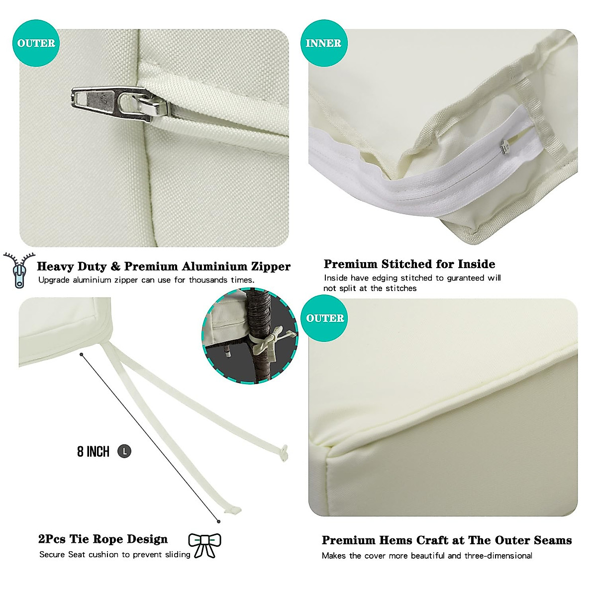 ClawsCover 3Pack Outdoor Seat Cushions Replacement Covers Fit for 4 Pieces Wicker Rattan Patio Furniture Conversation Set Chair Loveseat,36x18x2,18x18x2,Cream-Small (Include Cover Only)