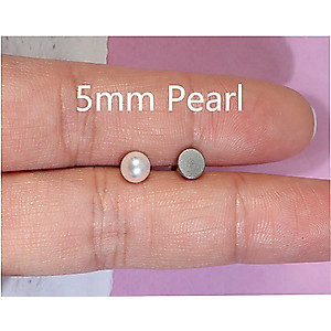 Small Pearl Stud Earrings Flat Screw Back,Silver Flatback Pearl Cartilage Helix Tragus Earrings 316L Surgical Stainess Steel Jewelry for Women Toddlers (5mm Pearl,Silver)