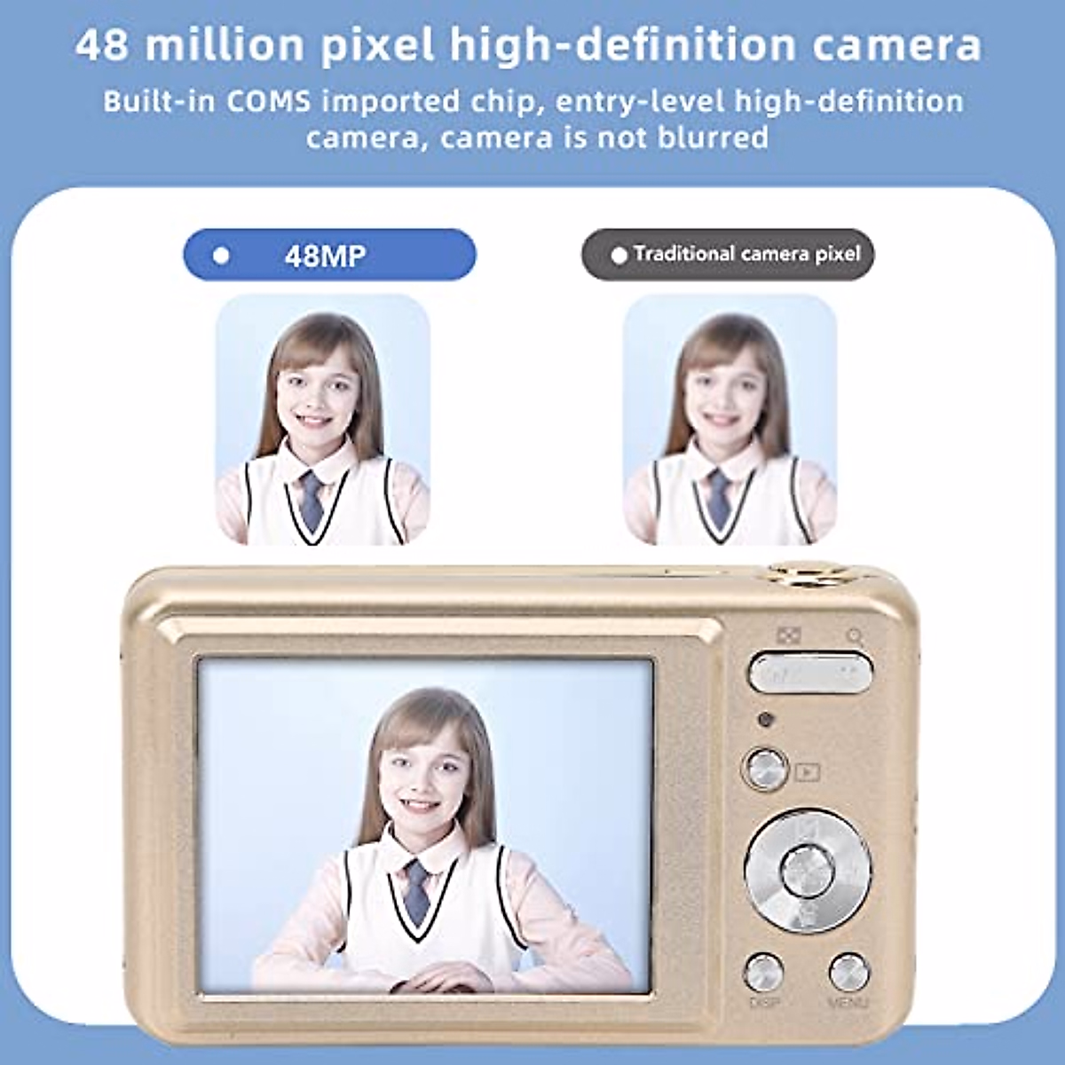 Jopwkuin Portable Digital Camera, Continuous Shooting 8X Optical Zoom 48MP Digital Camera ABS for Senior Citizen(Gold)