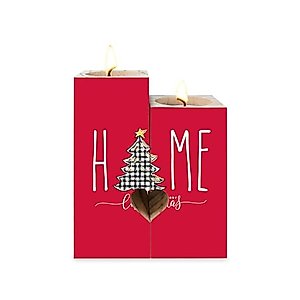 Red Christmas Candle Holder with Tea Light,Vintage Wood Tealight Candle Stick Holder Pillar Centerpiece,Heart-Shaped Tall Wooden Tea Light Candle Holders Decor Set Farmhouse Buffalo Plaid Check Black