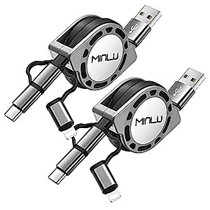 Multi Charging Cable 3A 2Pack 3.3ft 3-in-1 Retractable Fast Charger Cord USB Charge Sync Cable with Lightning/Type C/Micro USB Ports for iPhone/iPad/iPod/Samsung Galaxy/LG/Huawei/HTC/Pixel/Sony/Moto