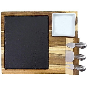 Zelancio Slate Cheese Board Set, 10 Piece Set Includes 4 Stainless Steel Cheese Tools, Premium Acacia Serving Tray with Slate Board, and Porcelain Olive Dish