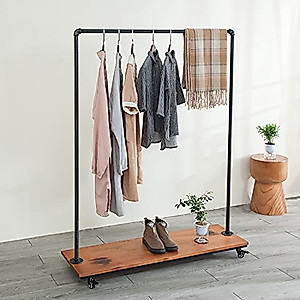WGX Design For You Industrial Pipe Clothing Rack Wood Garment Rack Pipeline Vintage Rolling Rack with wheels(A)