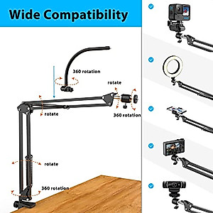 Overhead Camera Mount with Ring Light, Flexible Articulating Phone Arm Stand Compatible with iPhone, Logitech Webcam, Desk Tripod for YouTube Live Stream Cooking Nail Video Recording