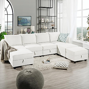 Naomi Home Elizabeth Modular Sectional Sofa Linen U Shaped Couch with Ottomans Convertible Sectional Couch 7-Seater Sofa with Storage Seat, L- Shaped Sectional Sofa - White Down