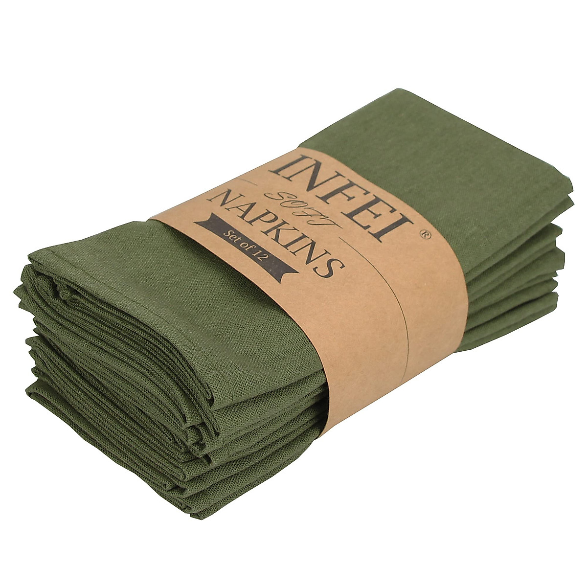 INFEI Solid Color Cotton Linen Blended Thin Dinner Napkins - Pack of 12 (40 x 40 cm) - for Events & Home Use (Army Green)