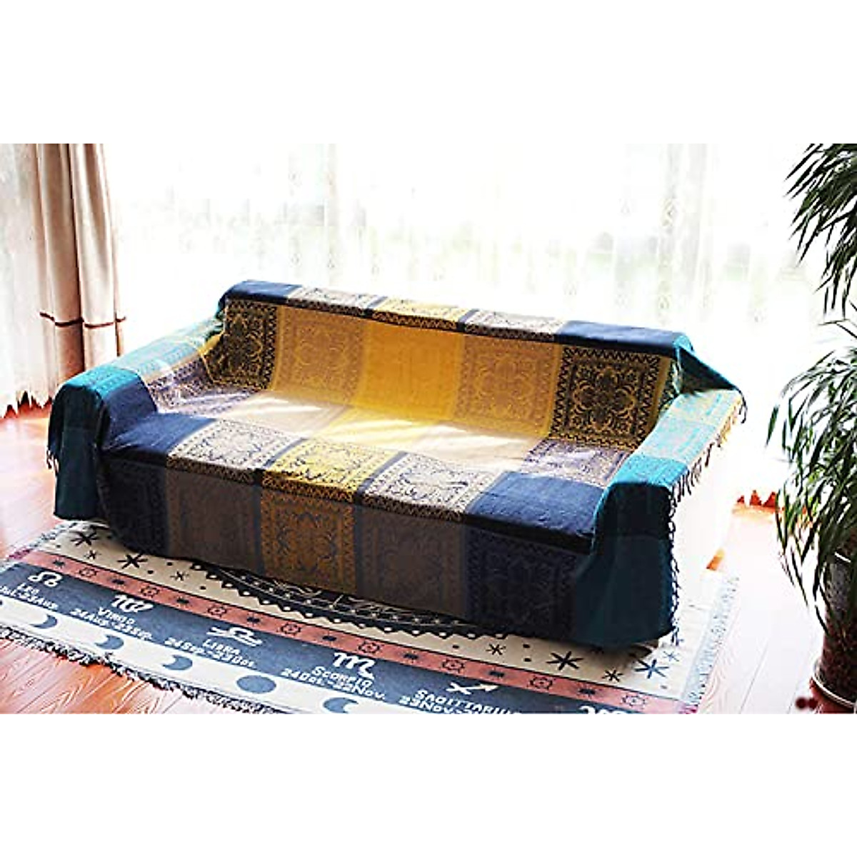 FinalNest Bohemian Tribal Throws Blankets Reversible Colorful Red Blue Boho Hippie Chenille Jacquard Fabric Throw Covers Large Couch Furniture Sofa Chair Loveseat Recliner Oversized (Blue, L:102x87)