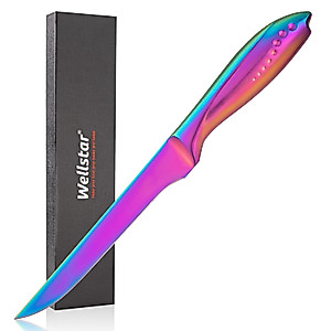 WELLSTAR Boning Knife 6 Inch, Razor Sharp German Steel Fillet Knife for Trimming Brisket/Rib/Steak/Meat, Deboning Chicken, Processing Fish/Game Meat, Rainbow Titanium Coating, Strong Durable Handle
