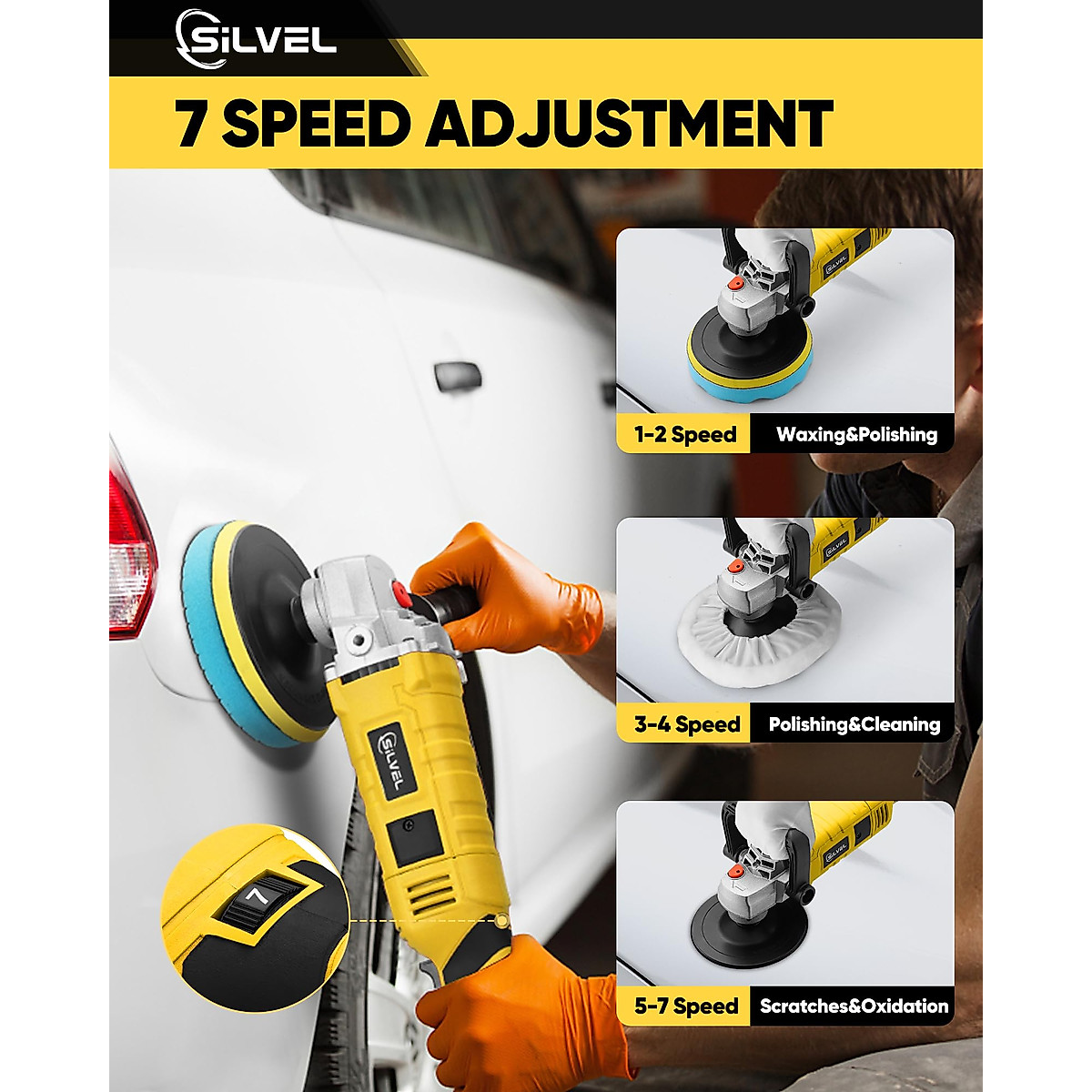 SILVEL Buffer Polisher, 1600W 7 Inch/6 Inch Polisher for Car Detailing, Wax Machine, 7 Variable Speed, with 6 Foam Pads, 3 Wool Pads, Packaging Bag, for Boat Polishing and Waxing