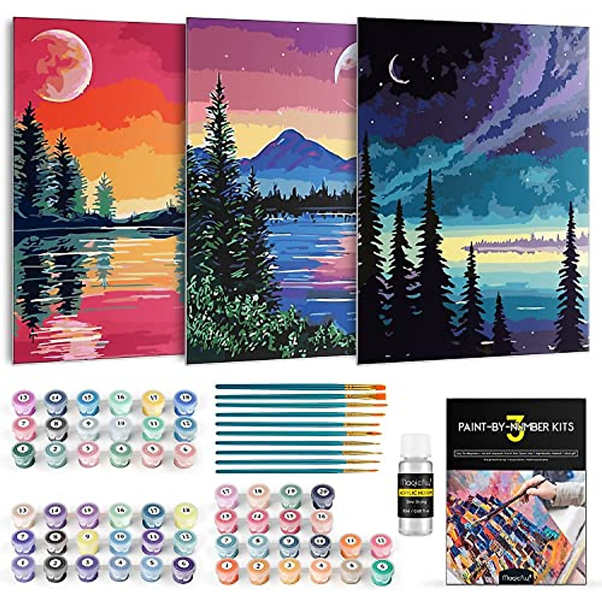 Magicfly 3 Pack Paint by Number for Adults Beginner, Moon Lake Landscape DIY Painting by Number Kit, Easy Acrylic Paint by Numbers on Canvas, 9x12 Inch, Include 10 Multi-Sized Brushes