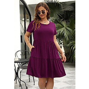 Nemidor Womens Plus Size Casual Ruffle Dress Short Sleeve Layered Swing Midi T Shirt Dress with Pocket NEM298 (20, Purplish Red)