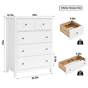 HOUSUIT White Dresser with 5 Drawers, Tall Dresser Chest of Drawers, 5 Drawer Dresser with Deep Space, Wood Dresser Storage Cabinet for Living Room, Hallway, Office, White