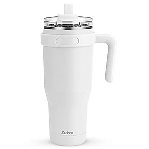 Zukro 50 oz Mug Tumbler With Handle And Flip Straw, Leakproof Vacuum Insulated Stainless Steel Cup Water Bottle with 2-in-1 Lid,Large Travel Mug, Fit in Cup Holder, Keeps Cold for 30 Hours, White