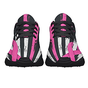 Breast Cancer Awareness Shoes Women Fashion Breathable Running Sneakers Cancer Pink Ribbon Shoes for Ladies Black Size 5