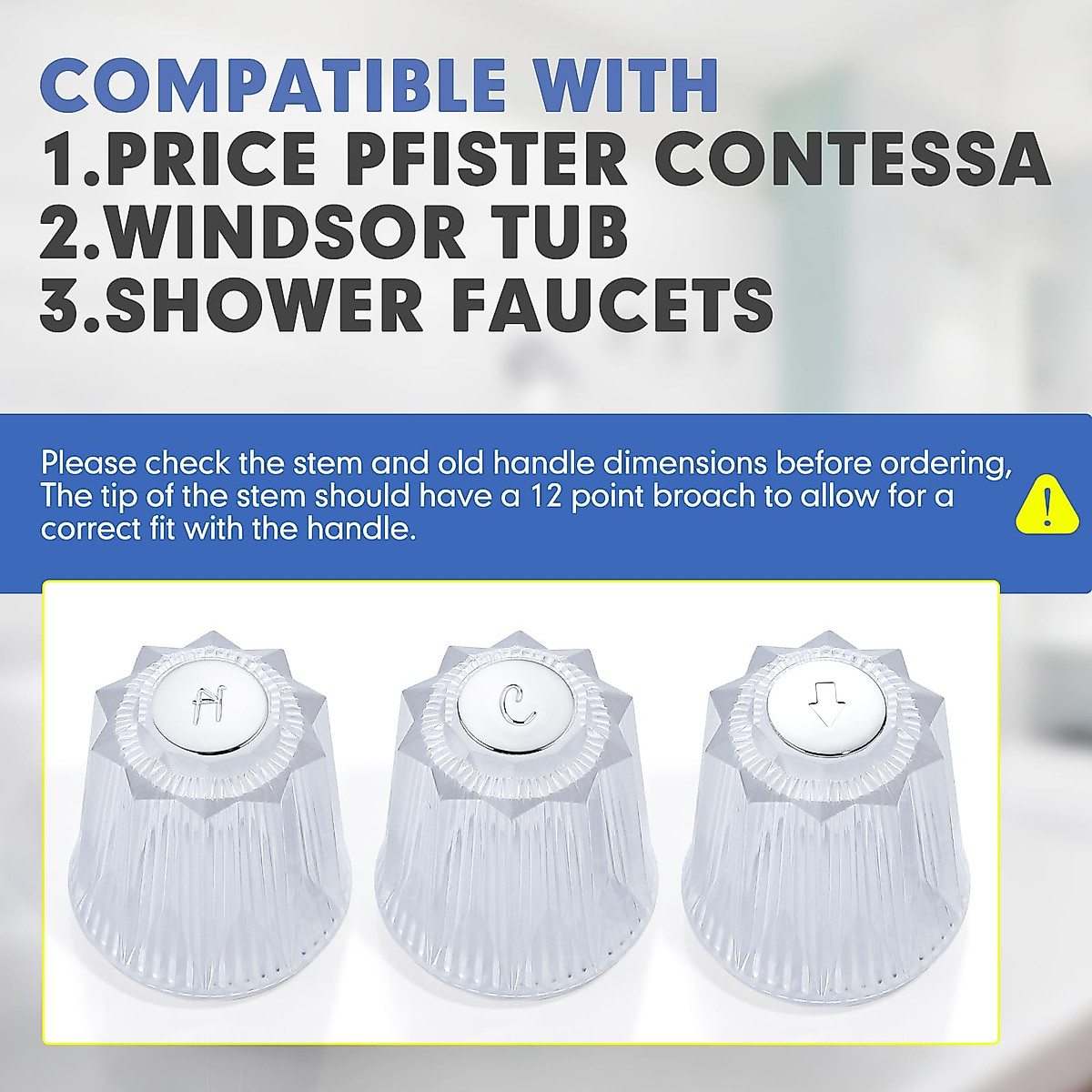 ZephyrJazz Bathtub and Shower 3 Piece Windsor Replacement Handles for Price Pfister Systems, 12 Point Broach,3 Piece Set of Hot, Cold, Diverter, Clear Acrylic