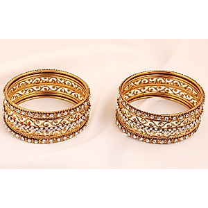 Touchstone "Golden Bangle Collection Exotic Filigree and Grain Work Clear Rhinestone Indian Bollywood Thick Thin Metal Bangle Bracelets in Antique Gold Tone for Women. Set of 6.