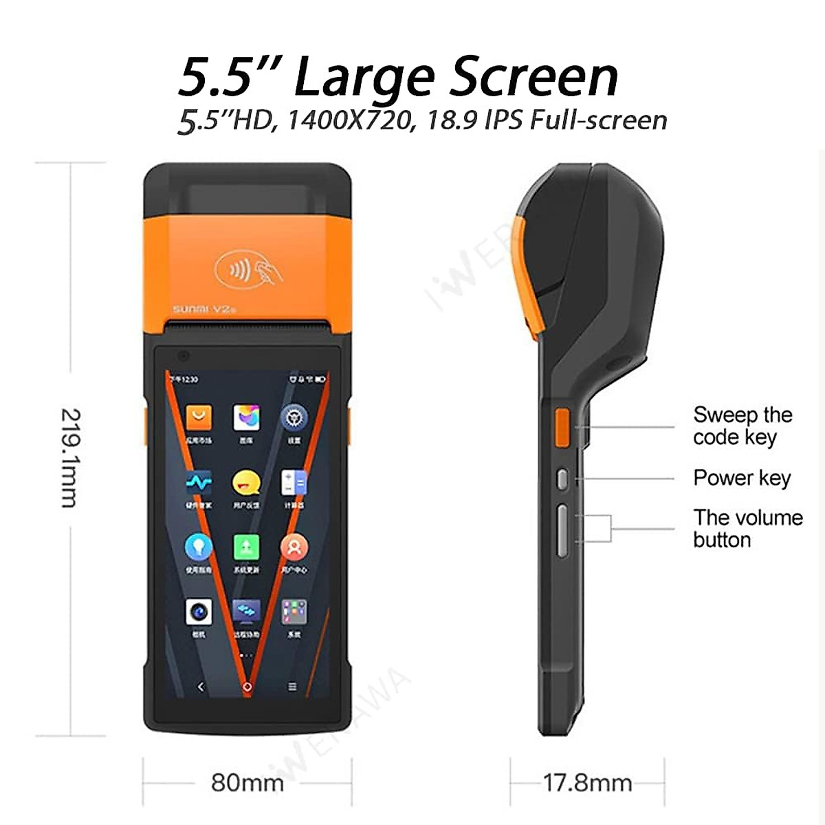 IWIRA Sunmi V2 POS Terminal with Receipt Printer, Speaker, Camera and Barcode Scanner All in One Handheld PDA Printer, Android 7.1 System, Support 4G, WiFi and Bluetooth, Orange, Black