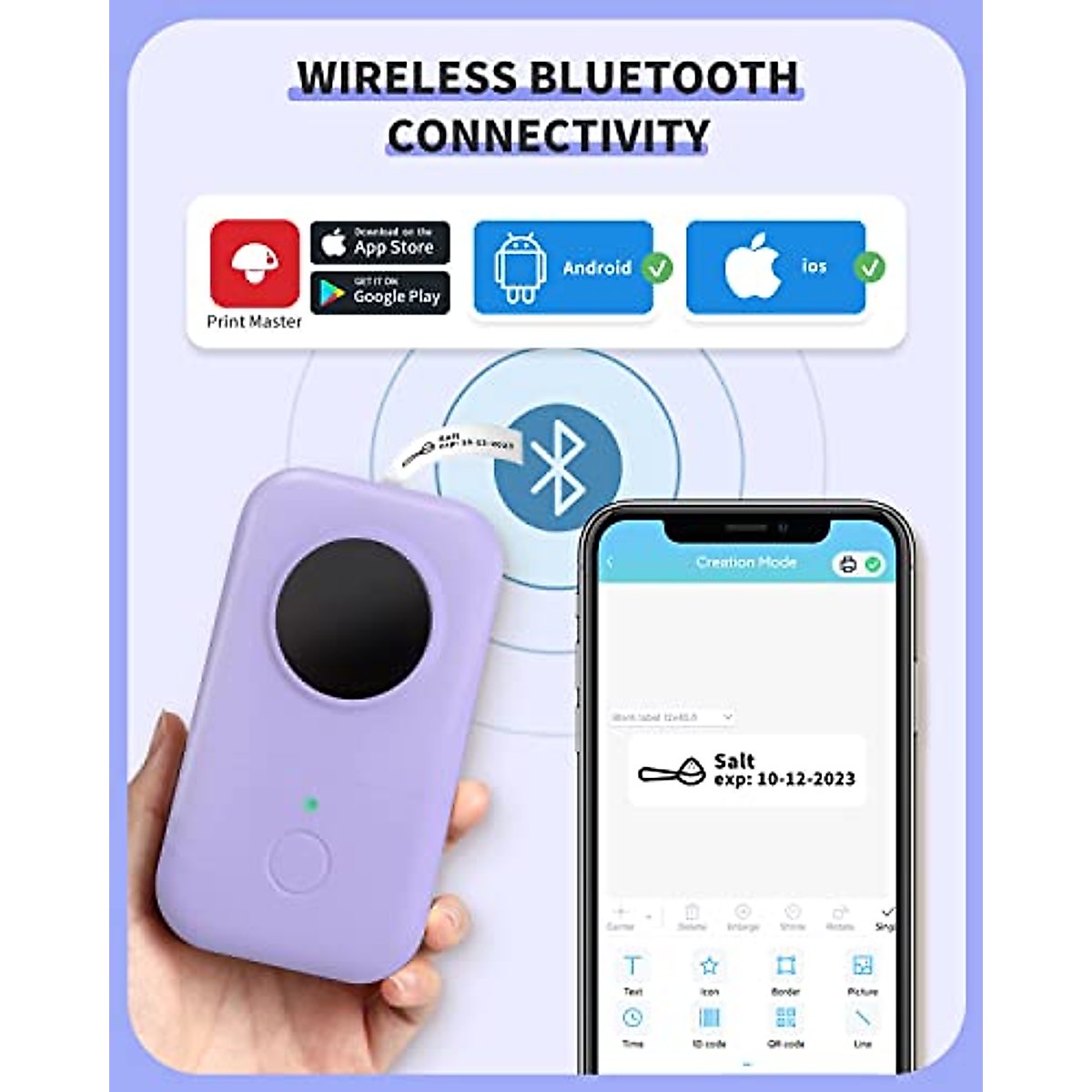 Phomemo D30 Label Maker Machine with 1 White Tape 0.47" and 3 Tape 0.47" Stationery Pattern, Portable Bluetooth Label Printer, Small Smart Phone Handheld Sticker Mini Labeler