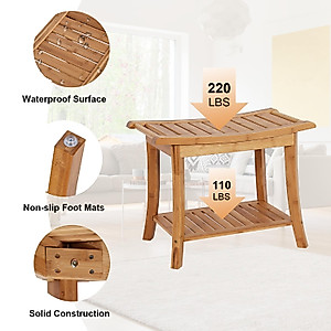 Kinsuite Bamboo Wooden Shower Bench Seat Bathroom Shower Chair with Storage Shelf Organizer Stool Indoor Bathing Bench for Inside Shower