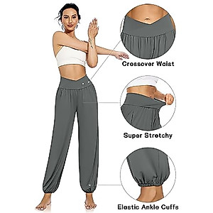 UEU Women's Harem Crossover High Waisted Flowy Pants Yoga Joggers with Pockets Lounge Pajamas Casual Loose Sweatpants MidGray XL