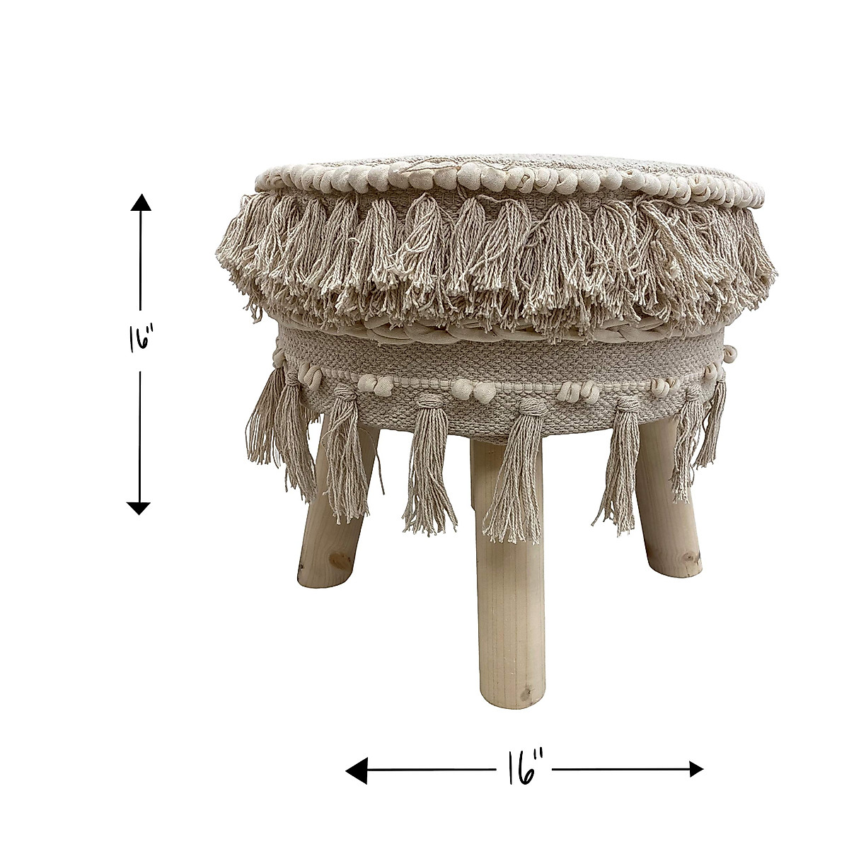 LR Home Ivory Textured and Fringed Bohemian Stool