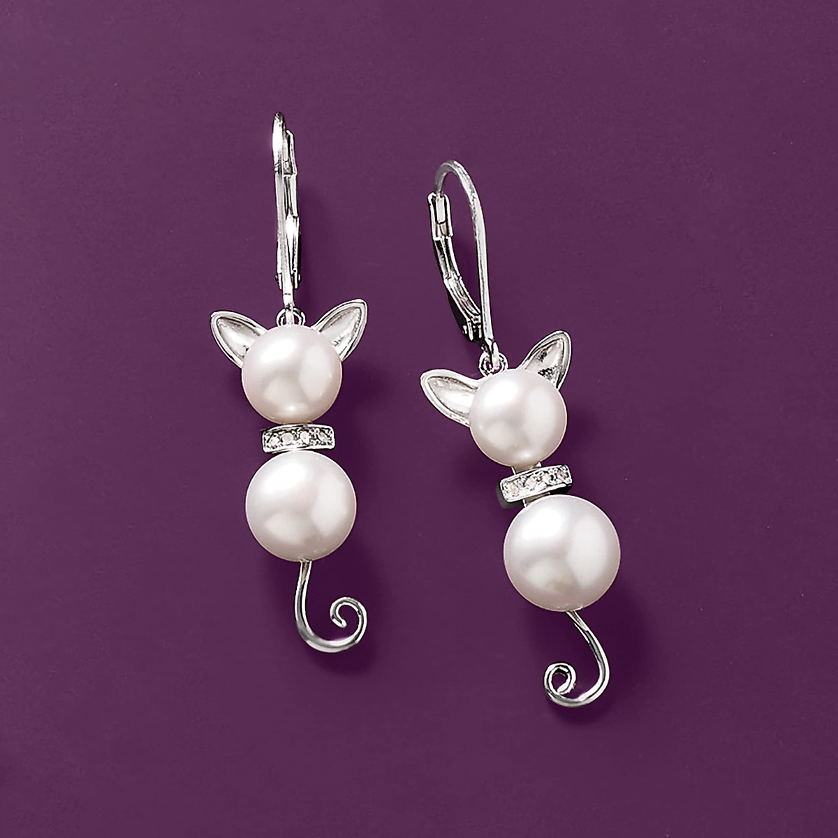 Ross-Simons 7.5-9mm Cultured Pearl and Diamond-Accented Cat Drop Earrings in Sterling Silver