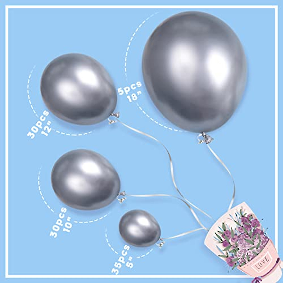MOMOHOO Metallic Silver Balloons Garland - 60Pcs 18/12/10/5 Inch Silver Balloons Different Sizes, Silver Chrome Balloons Silver Latex Ballons Wedding Balloon, Engagement Anniversary Party Decorations