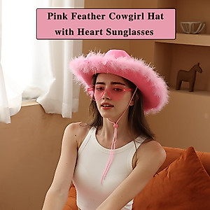 ZEBSF Pink Feathers Cowboy Cowgirl Hat with Heart Sunglasses - Pink Cowboy Hats for Women Cowgirl Outfits Bachelorette Western Birthday Disco Party Costume