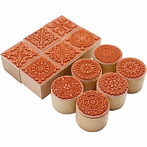 Waugve 12Pcs Wooden Stamps Floral Pattern Rubber Stamp Round and Square Lace Wooden Rubber Stamp for Scrapbooking and DIY Craft Card