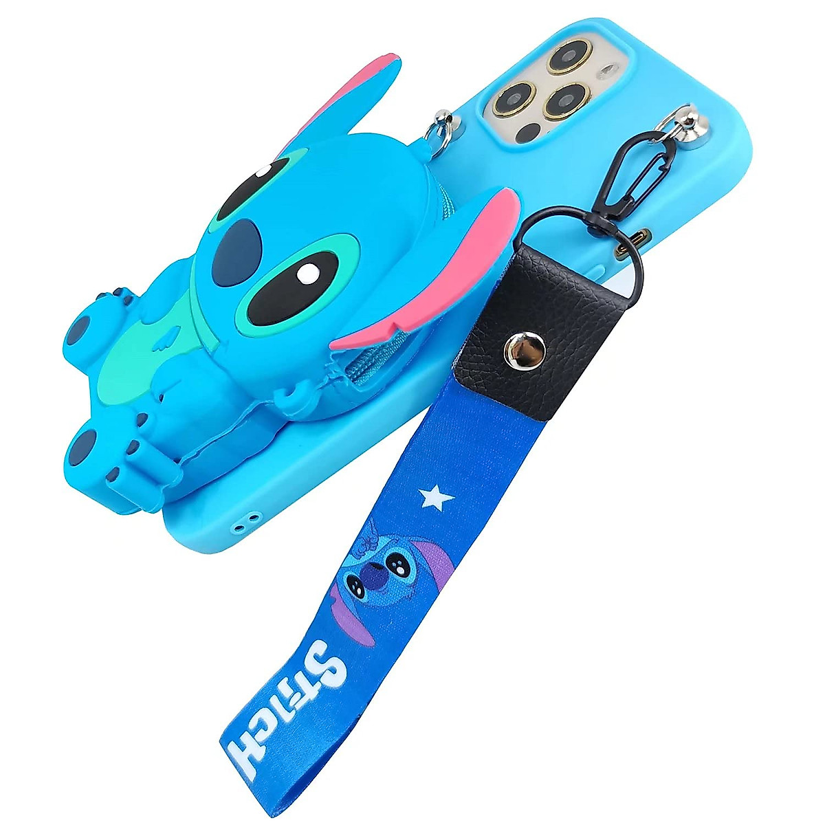 Maoerdo Case Compatible with iPhone 13 Pro Max Cute 3D Cartoon Purse Wallet with Lanyard Wrist Strap Silicone Cover Camera Lens Protector for iPhone 13 Pro Max 6.7-inch 2021 Alien Dog Blue