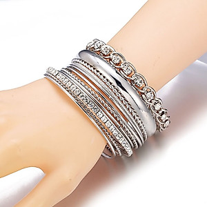 Ensoul Twisted Multiple Metal Bracelets & Bangles Set For Women 12Pcs/Set W/Clear Rhinestones
