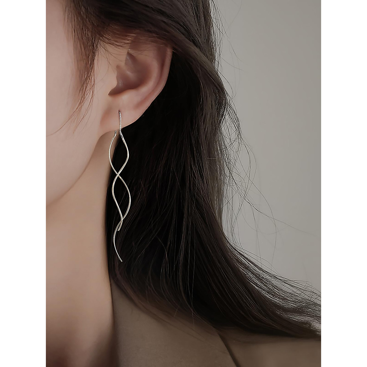 Reffeer Solid 925 Sterling Silver Double Linear Curved Tassel Earrings Threader Drop Dangle Earrings Perfect For Women