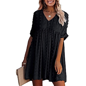 F_Gotal Women Summer Sundress Boho Plain Midi Dress High Waist Empire Lace Dress Hollow Out 3/4 Sleeve Swing Sundress
